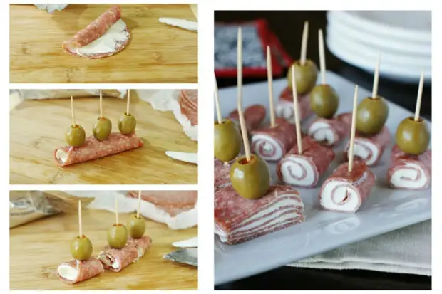 Sem pão pita? Bem, isso não importa. Fatias de linguiça, queijo de pasta mole e um palito (espeto) - beleza! Lanches, beleza, saudável