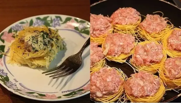 "Nests" tare da minced nama da cuku