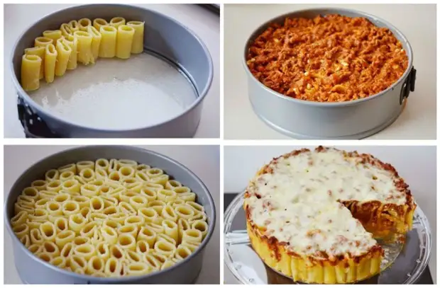 ຊີ້ນຈຸ່ມແລະ pasta - ເອົາ pasta ຕົ້ມຈົນກ່ວາເຄິ່ງຫນຶ່ງສຸກເປັນ mold, ຊີ້ນ minced ສຸດ, ງາມດ້ວຍຊອດ, ອົບ, ອາຫານ, ງາມ, ຊີ້ນ, ສູດ