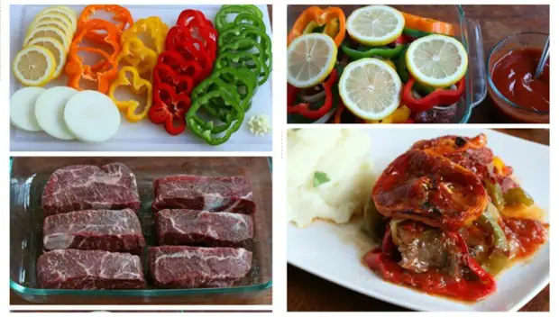 М'ясо шматками викласти у форму для запікання, зверху покласти овочі, залити соусом, запекти смачно, їжа, красиво, м'ясо, рецепти