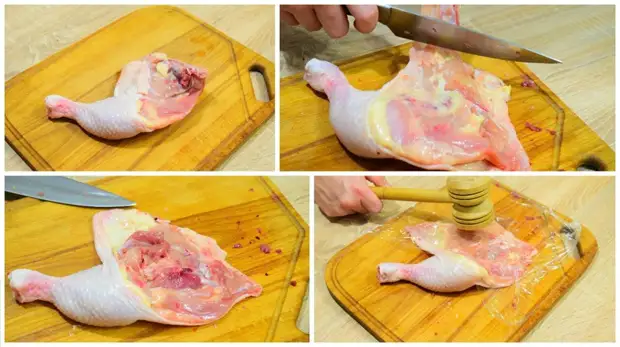 حالا جالب ترین چیز این است که استخوان های اضافی ژامبون را بدون آسیب رساندن به پوست جدا کنید و گوشت را کمی بکوبید. ویدئو، غذا، ژامبون، مرغ، دستور غذا، خودتان این کار را انجام دهید