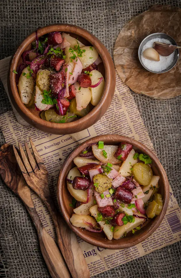 Gubug Forester. Salad kentang gaya Jerman. saka Odessa karo wortel, masak, resep, panganan, gubug Forester, Sconce, long-post