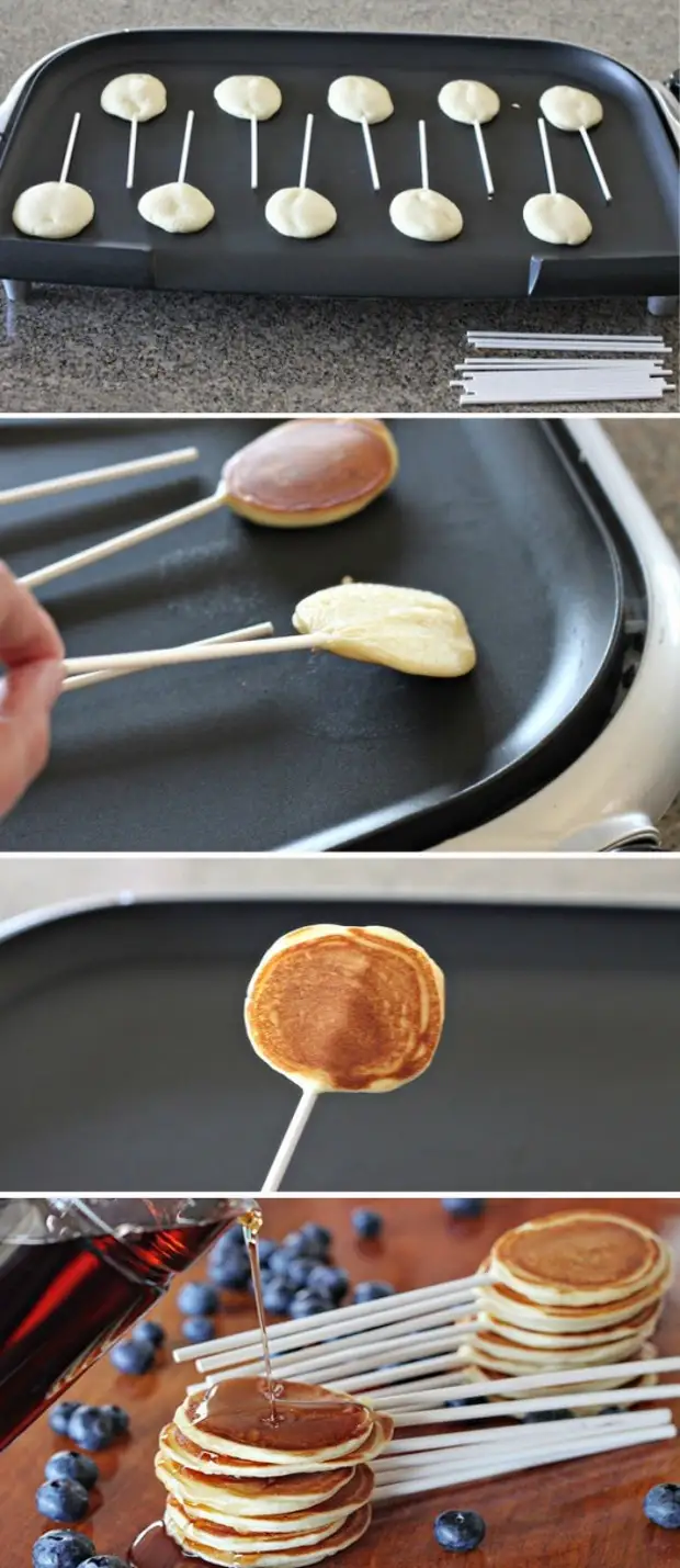 38. Pancakes kënne gemaach ginn a Form vu Lollipops Iessen, Iessen, Rotschléi, Trick