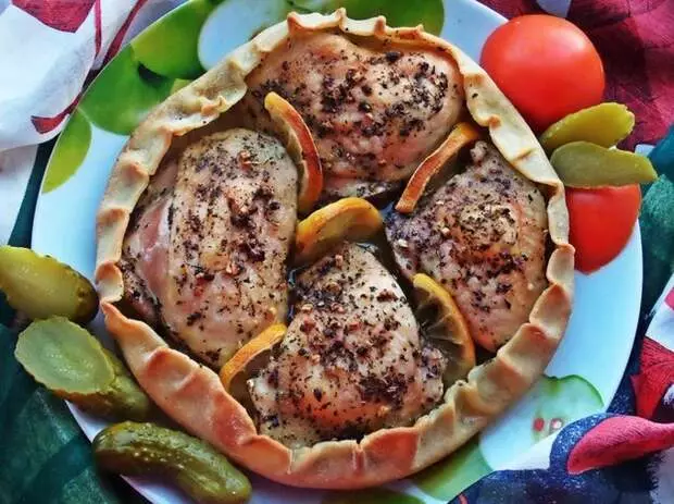 Chicken baked in an edible plate