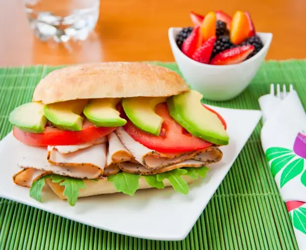 Summer sandwich with ham, tomatoes and avocado